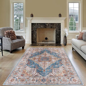 Terracotta Blue Red Persian Style Traditional Rug Washable Stain ...