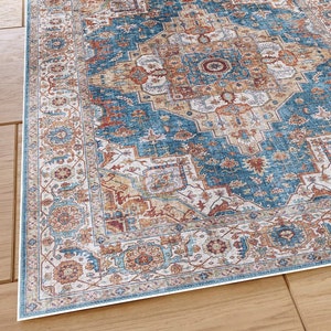 Terracotta Blue Red Persian Style Traditional Rug Washable Stain ...