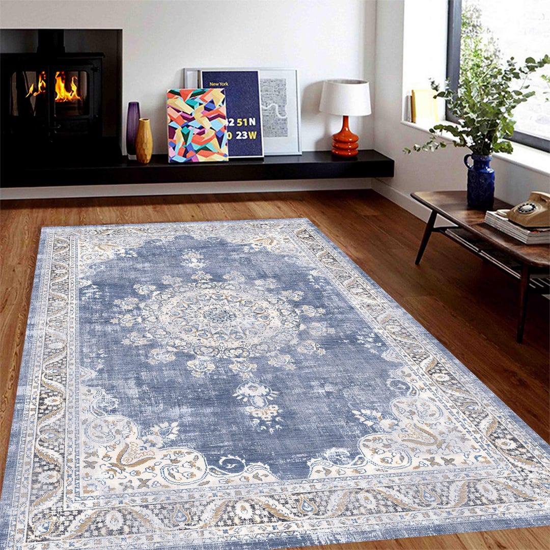 Blue Traditional Rug Farmhouse Area Rug Geometric Distressed Living ...