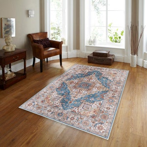 Terracotta Blue Red Persian Style Traditional Rug Washable Stain ...