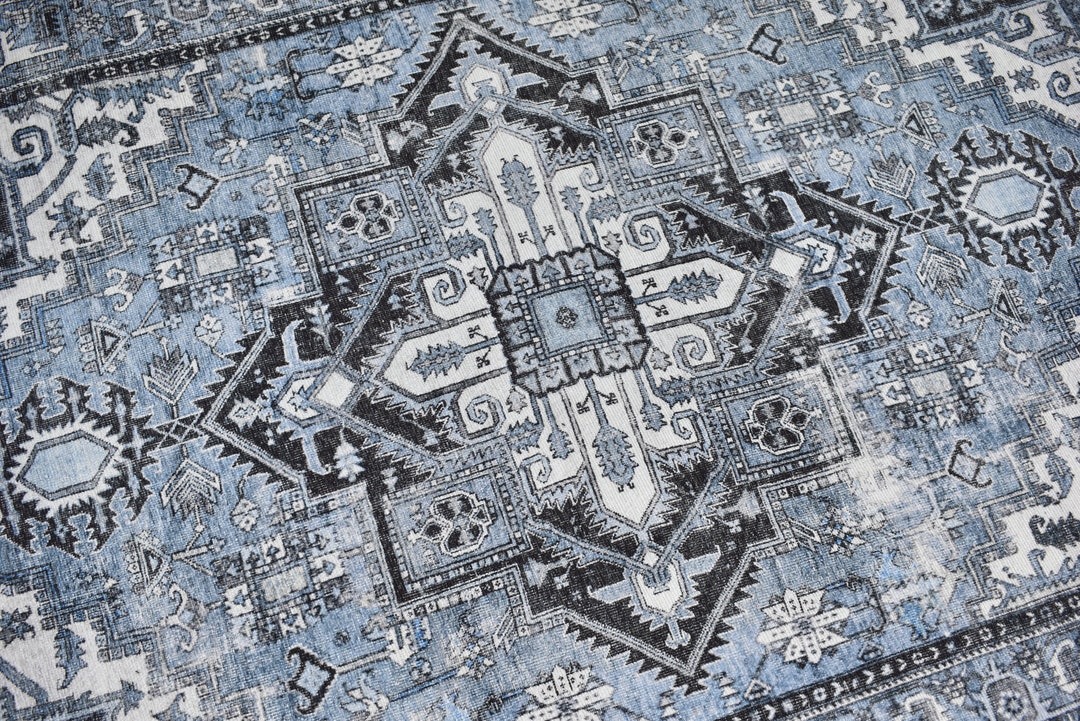 Turkish Area Rug, Blue Rug, Persian Rug, Dining Room Rug, Faded Rug ...