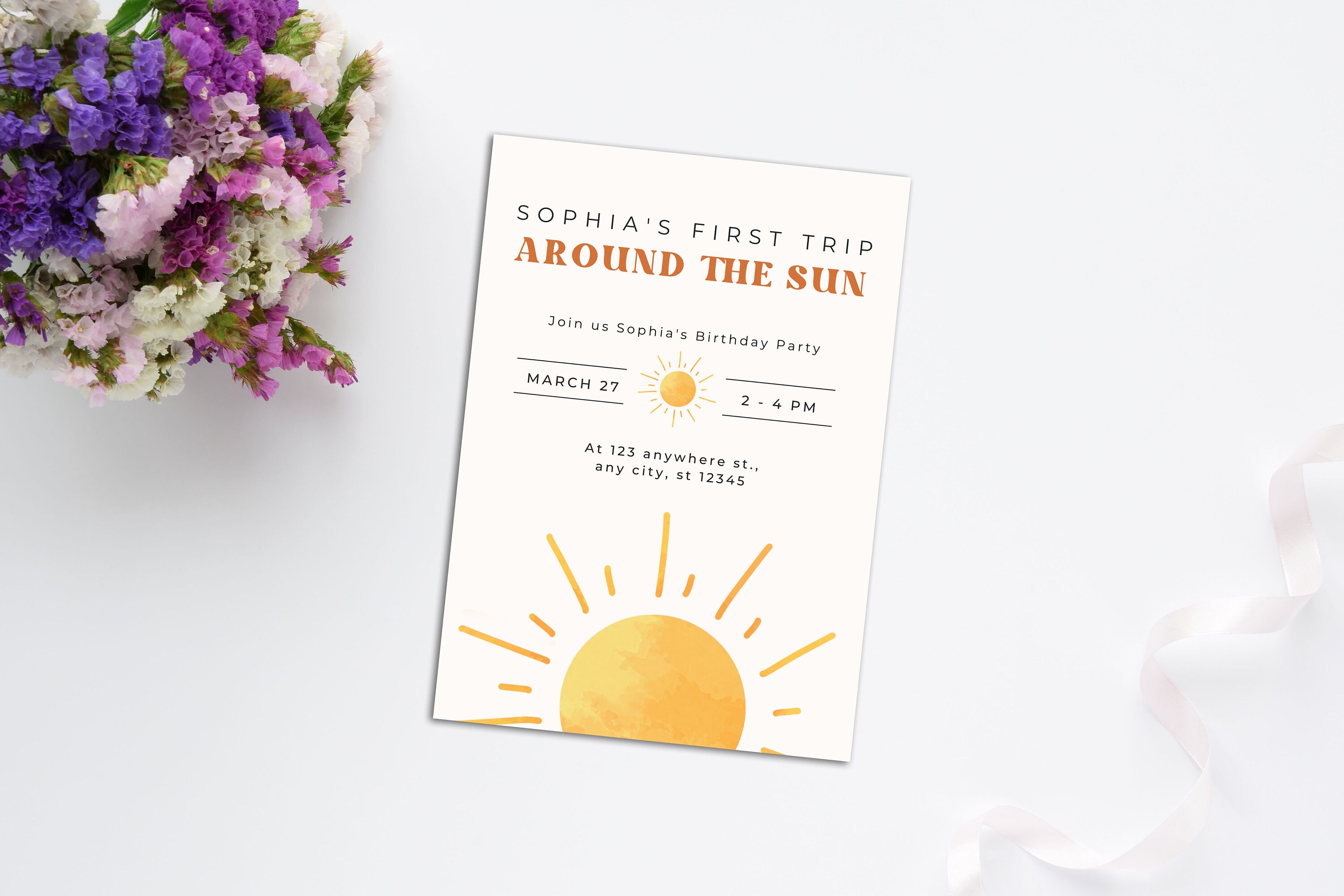 First Trip Around the Sun Birthday Invitation Sunshine Boho Rainbow 1st ...