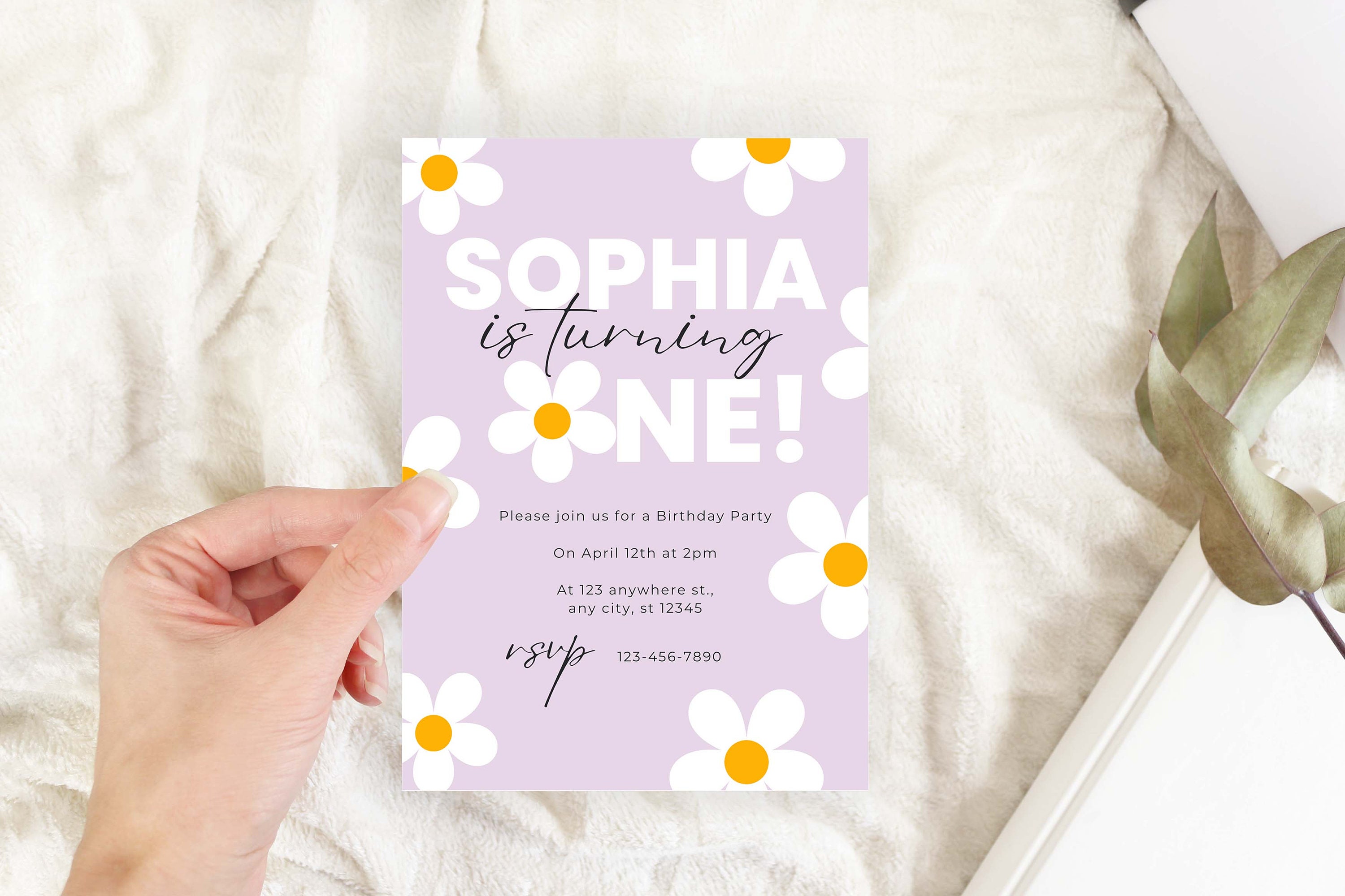 Canva Daisy 1st Birthday Invitation Template: Editable Flower Power ...