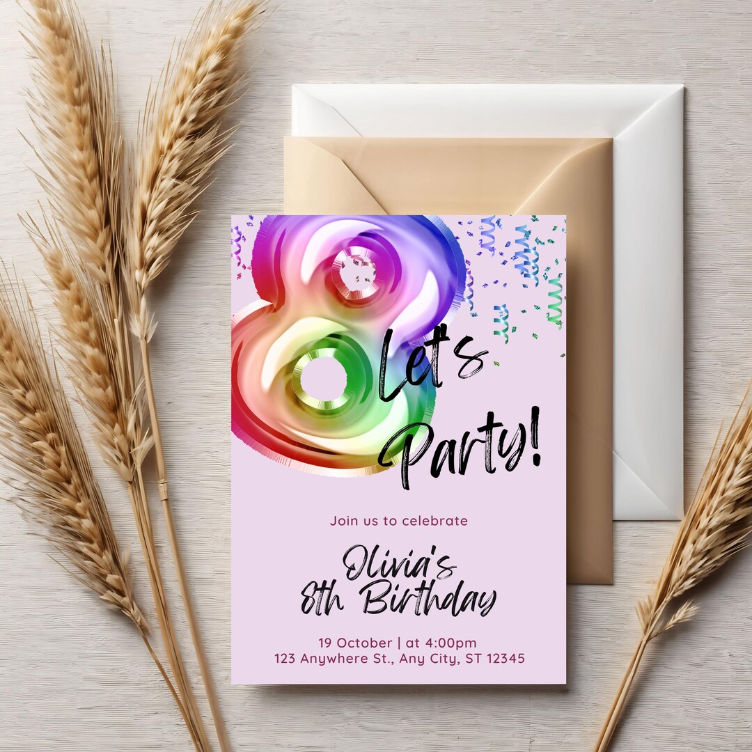 Editable Pink 8th Birthday Invitation Template Glitter Birthday Party ...