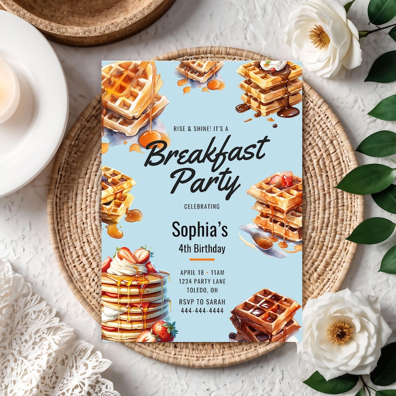 Breakfast Birthday Party Invitation: Editable Waffle Theme Template - Etsy