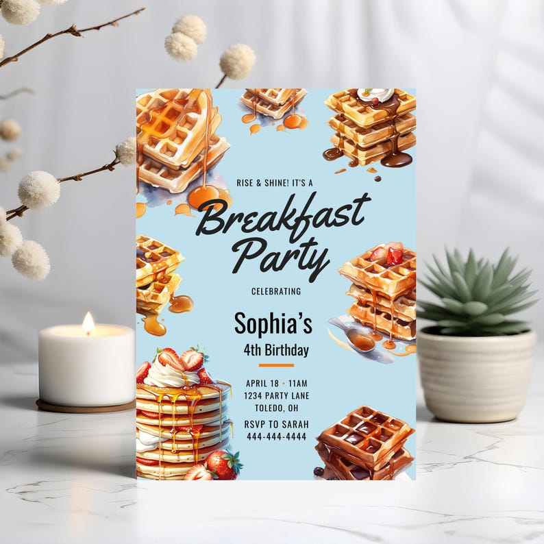 Breakfast Birthday Party Invitation: Editable Waffle Theme Template - Etsy