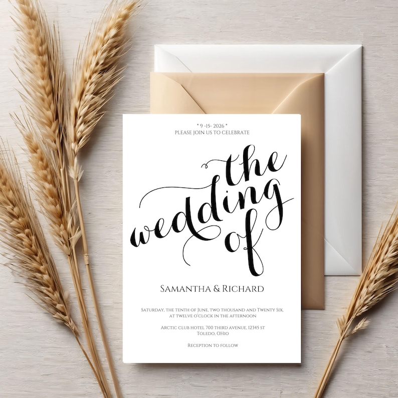 Modern Script Wedding Invitation Template: Minimalist Design (digital ...