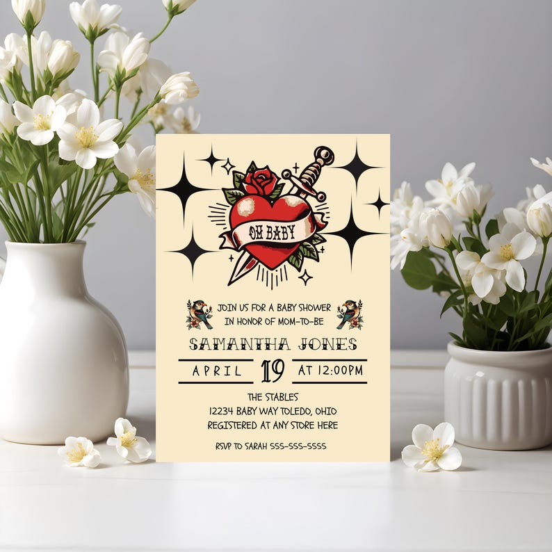 Traditional Tattoo Baby Shower Invitation: Rockabilly Old School ...