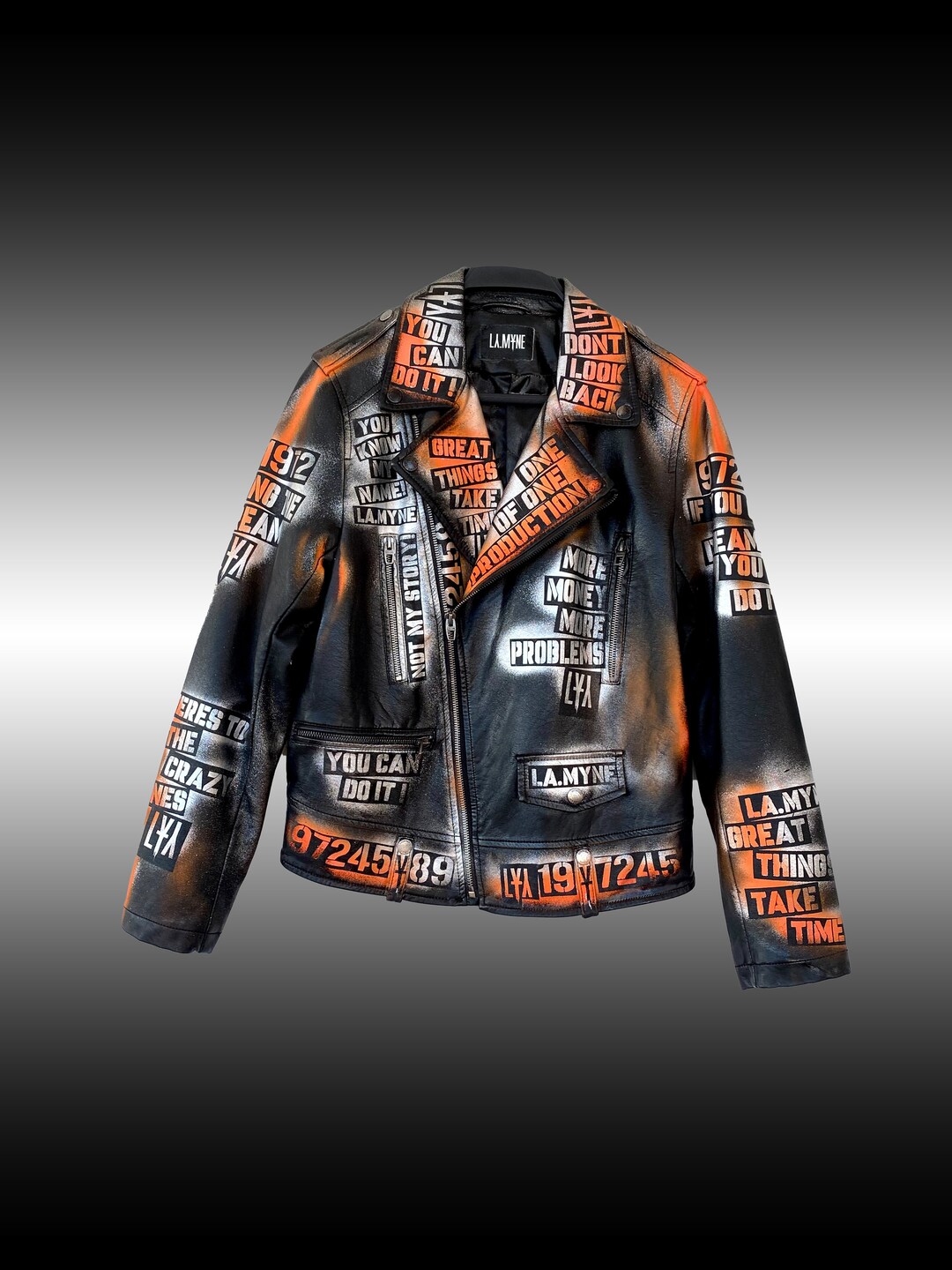 Leather Jacket With Orange Statements - One of One Unique and Unisex - Etsy