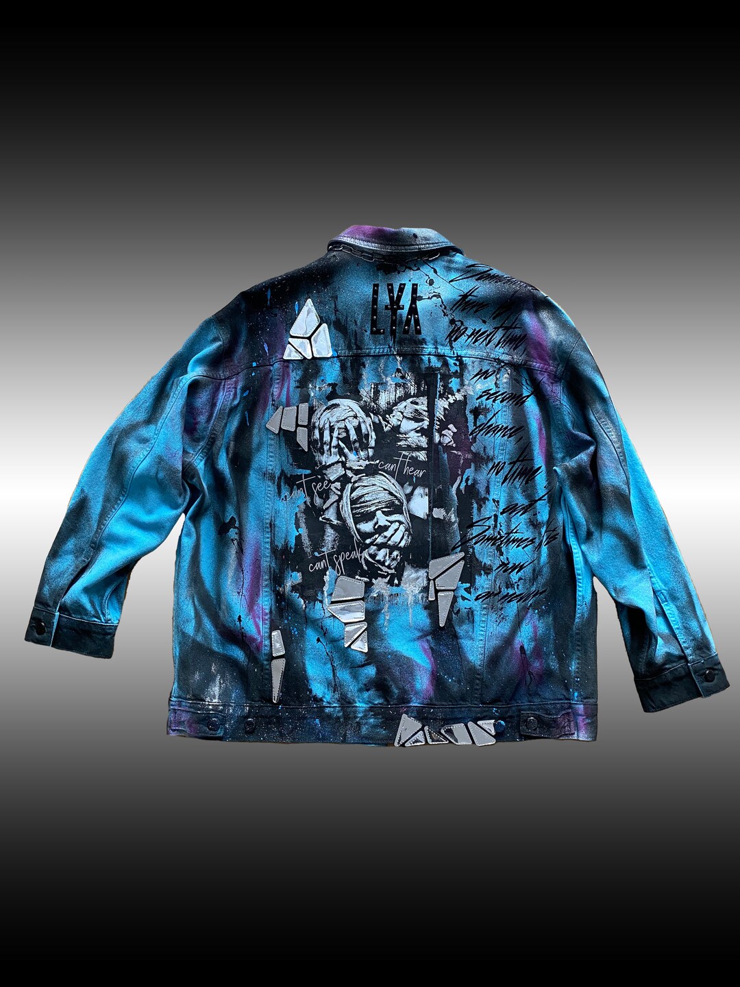 Turquoise Denim Jacket With Handmade Design and Reflective Accents ...