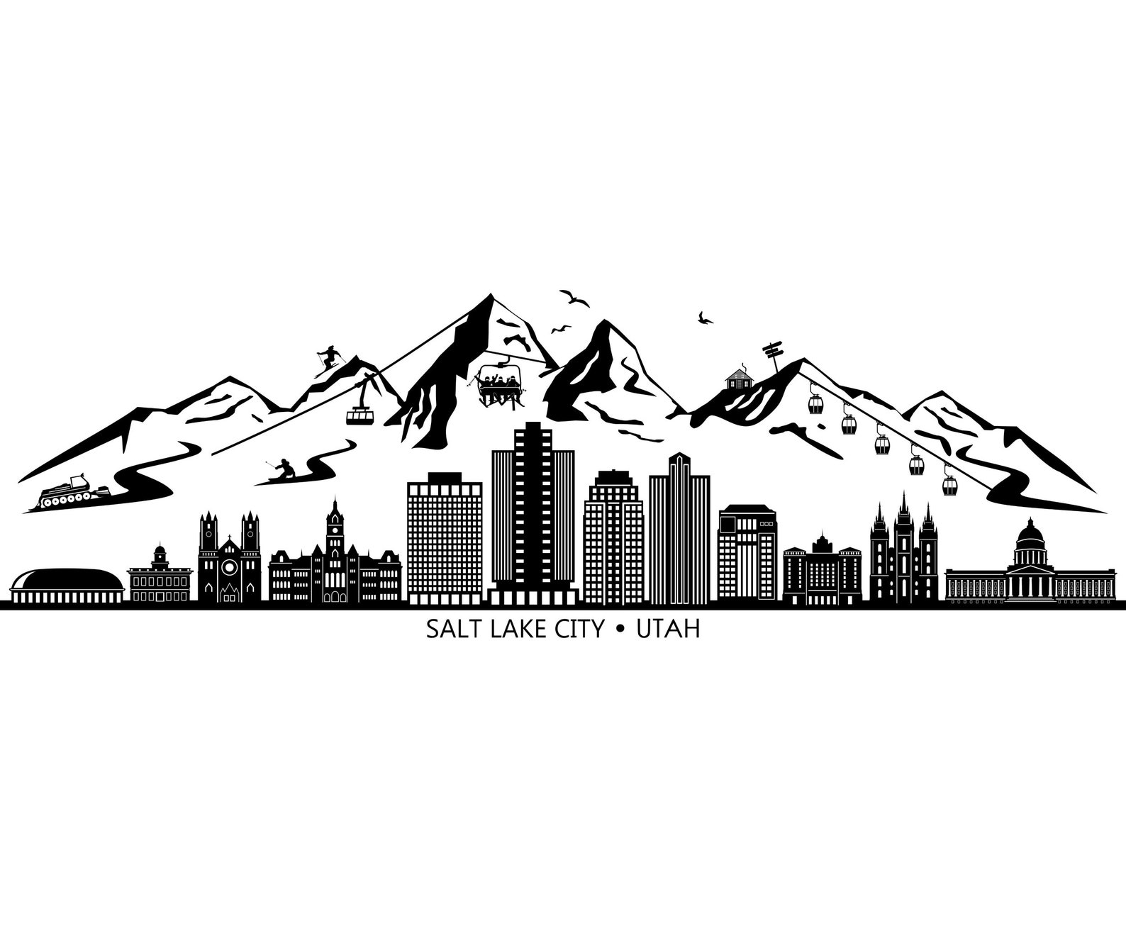 SALT LAKE CITY Utah Usa Skyline City Mountains Outline | Etsy