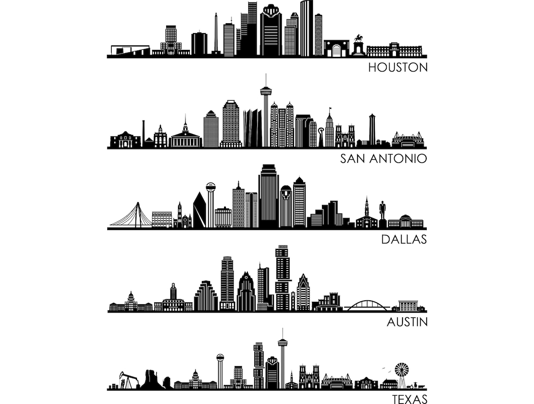 TEXAS USA CITIES Set Houston Austin Dallas San Antonio Outline ...