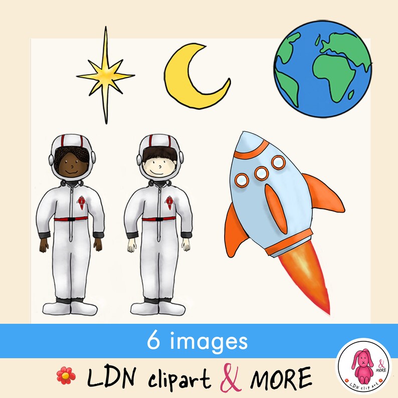 ASTRONAUT Clip Art With 2 Astronauts, the Earth, Moon, a Rocketship and ...