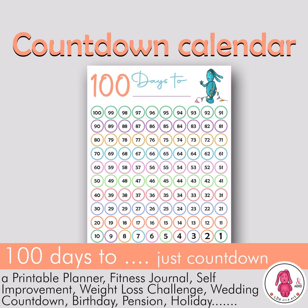 Countdown Calendar: 100 Day Countdown • Printable Planner • Fitness ...