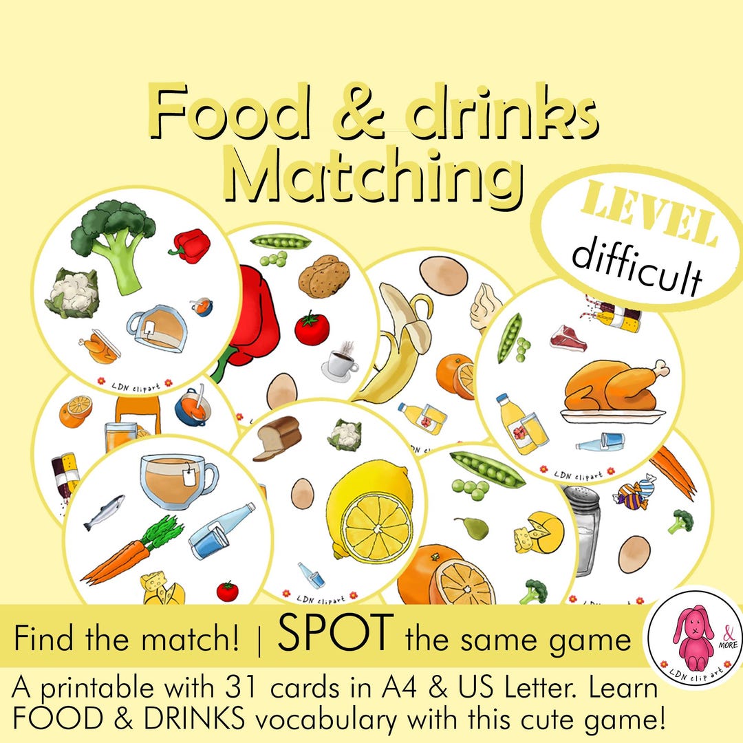 Matching FOOD AND DRINK Game • Spot It / Dobble Style: Fun Activity ...