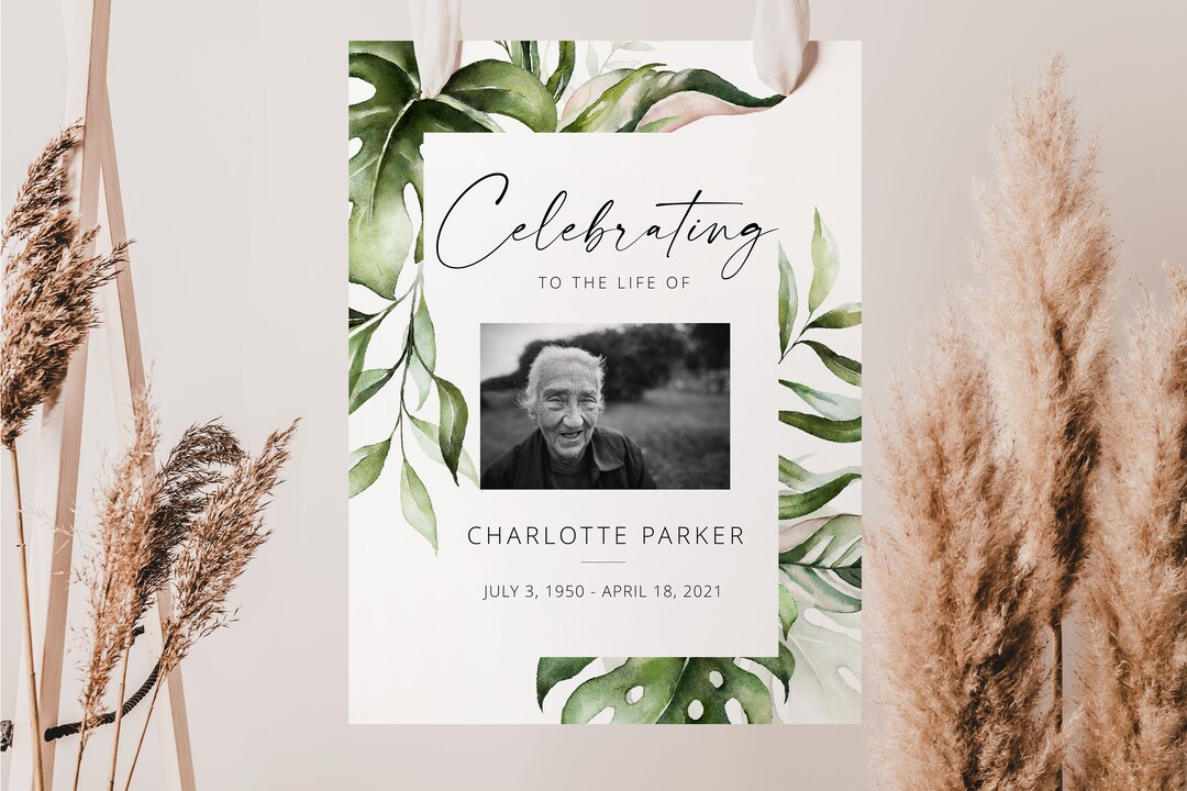 Celebrating the Life of Sign, Printed Greenery Photo Funeral Welcome ...