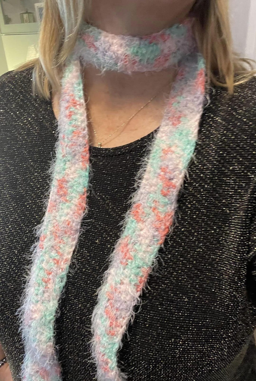 Y2k Pink Green Scarf, Crochet Skinny Scarf, Long Y2k Crochet Scarf ...