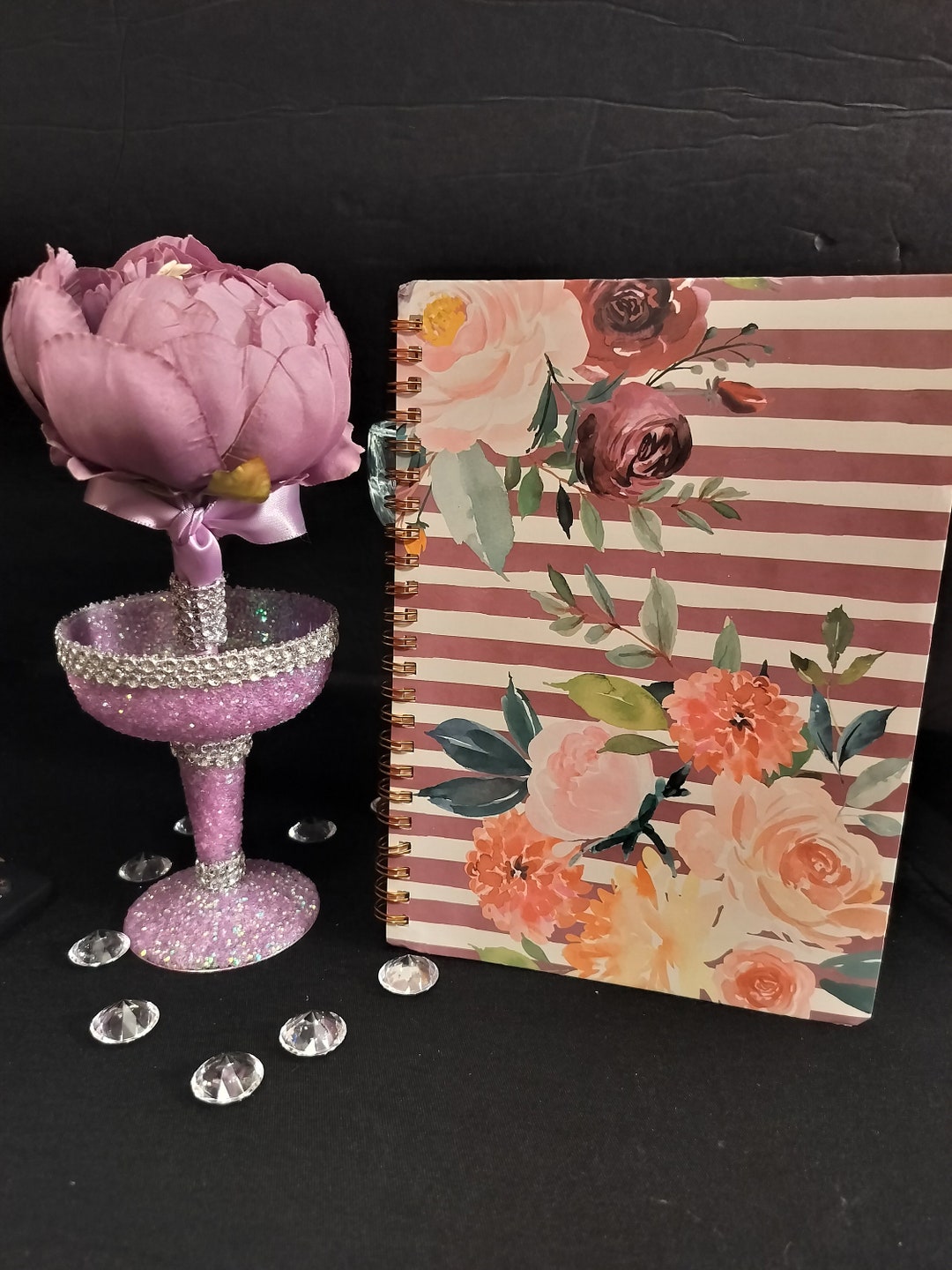 Purple Floral Notebook With Unique Peony Bling Flower Pen and Holder ...