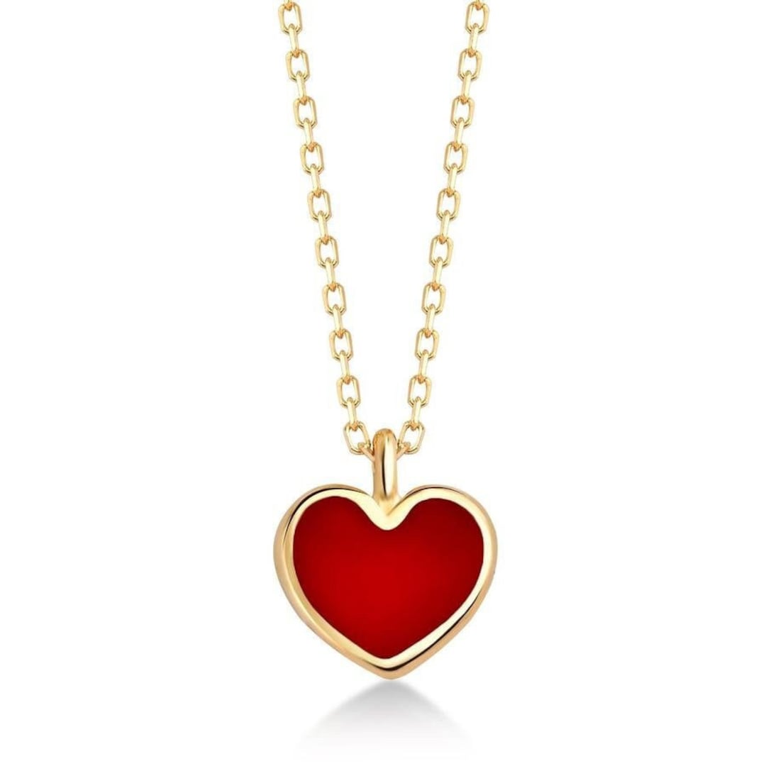 14k Solid Gold Red Heart Necklace Heart Shaped Necklace Love Charm ...