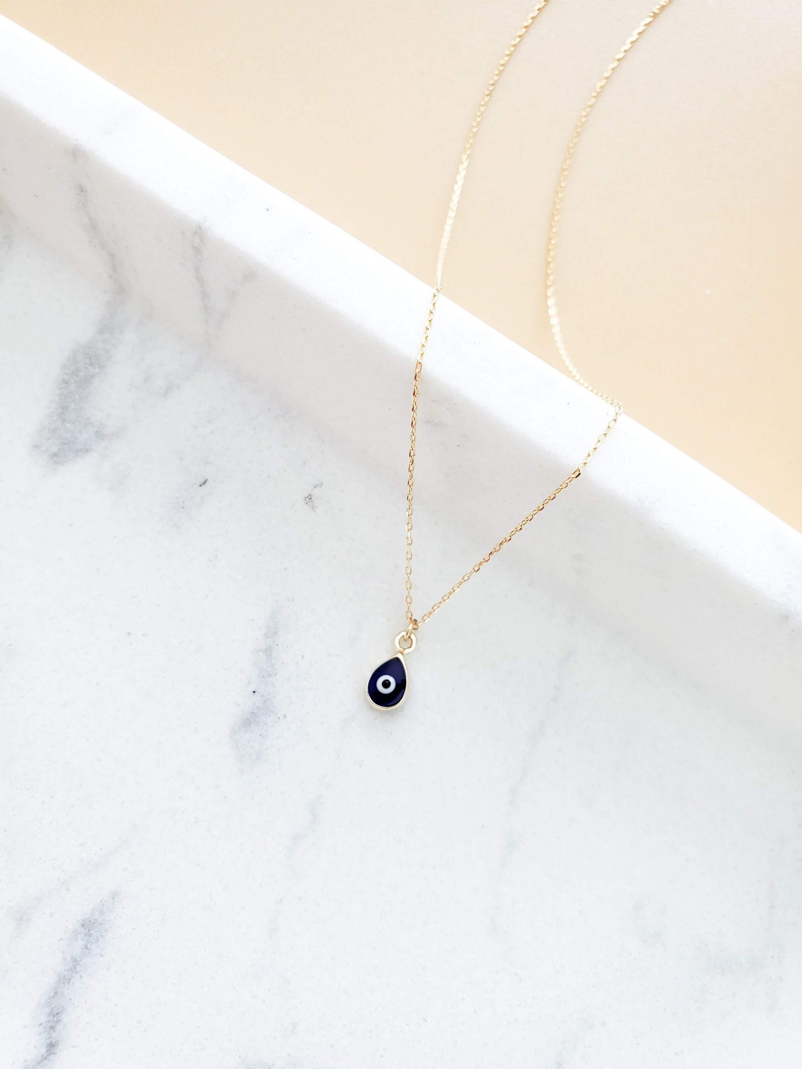 14k Solid Gold Teardrop Evil Eye Necklace 14k Evil Eye - Etsy