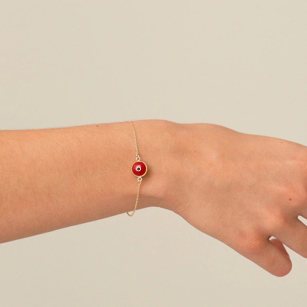 14k Solid Gold Red Evil Eye Bracelet - Lucky Bracelet - Protection ...