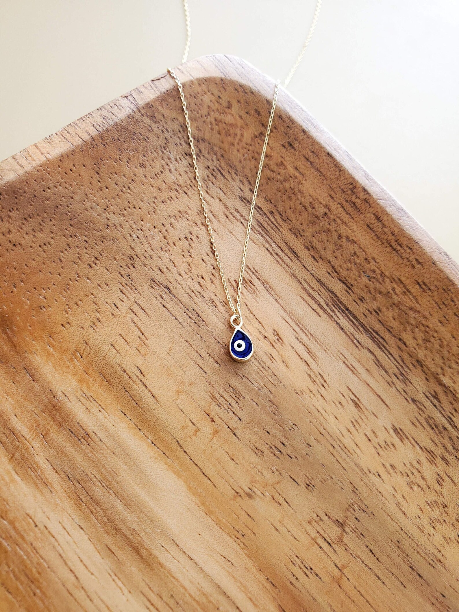 14k Solid Gold Teardrop Evil Eye Necklace Dark Blue Evil Eye | Etsy