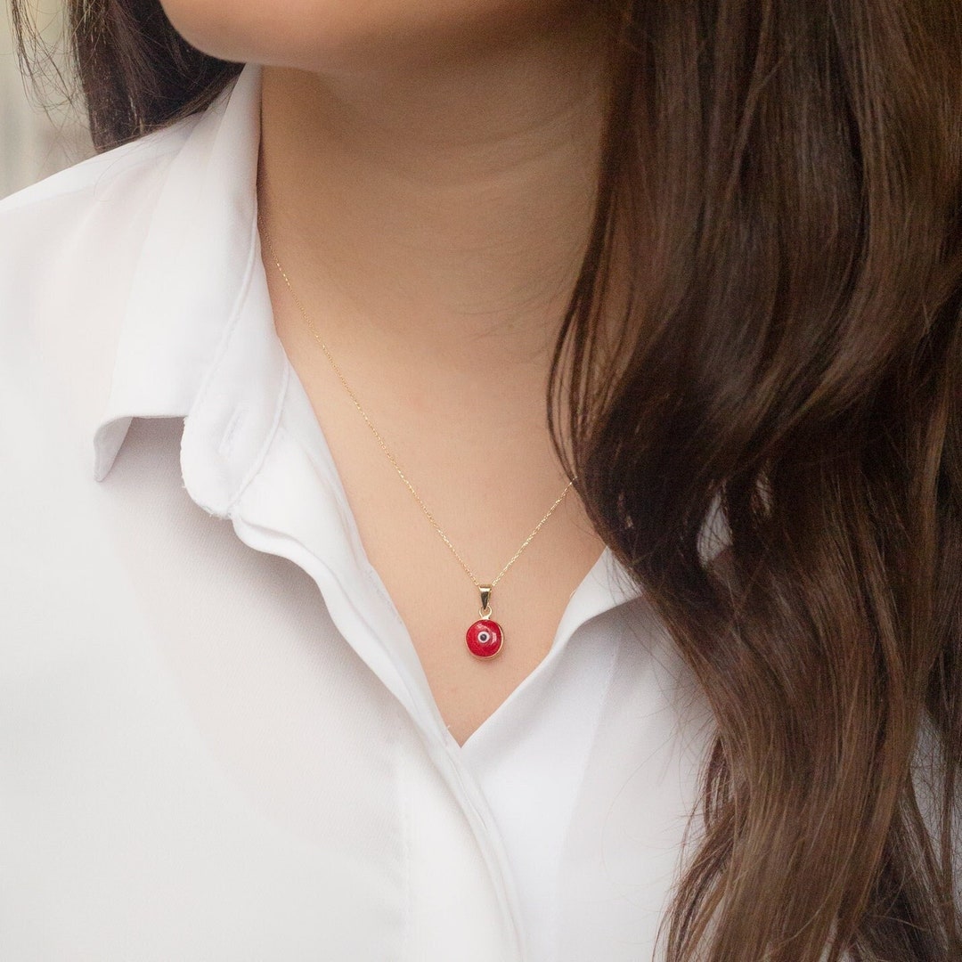 14k Solid Gold Red Evil Eye Necklace 14k Nazar Necklace Charm Pendant ...