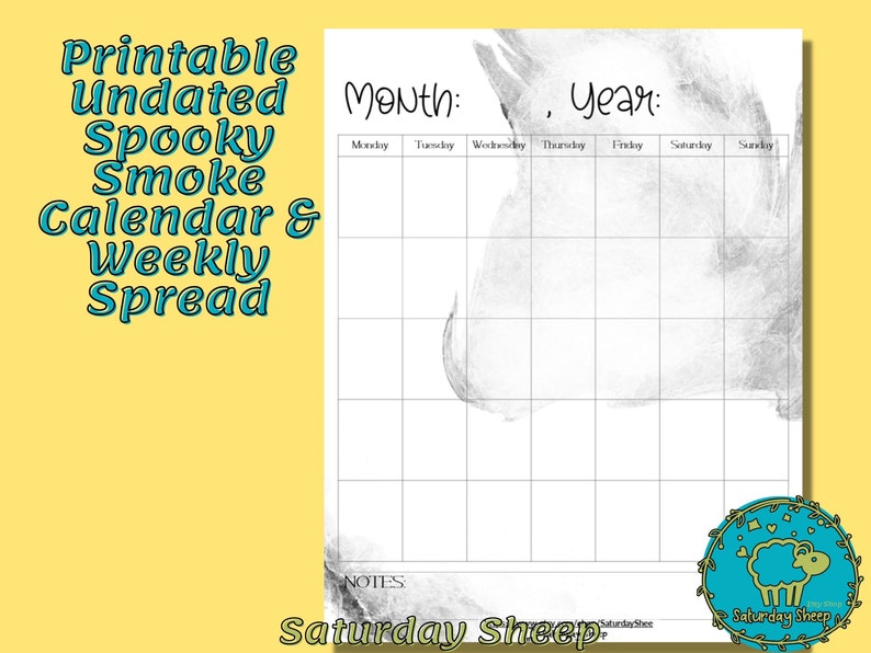 Printable Calendar Undated, Spooky Smoke, Monthly Calendars, Undated ...