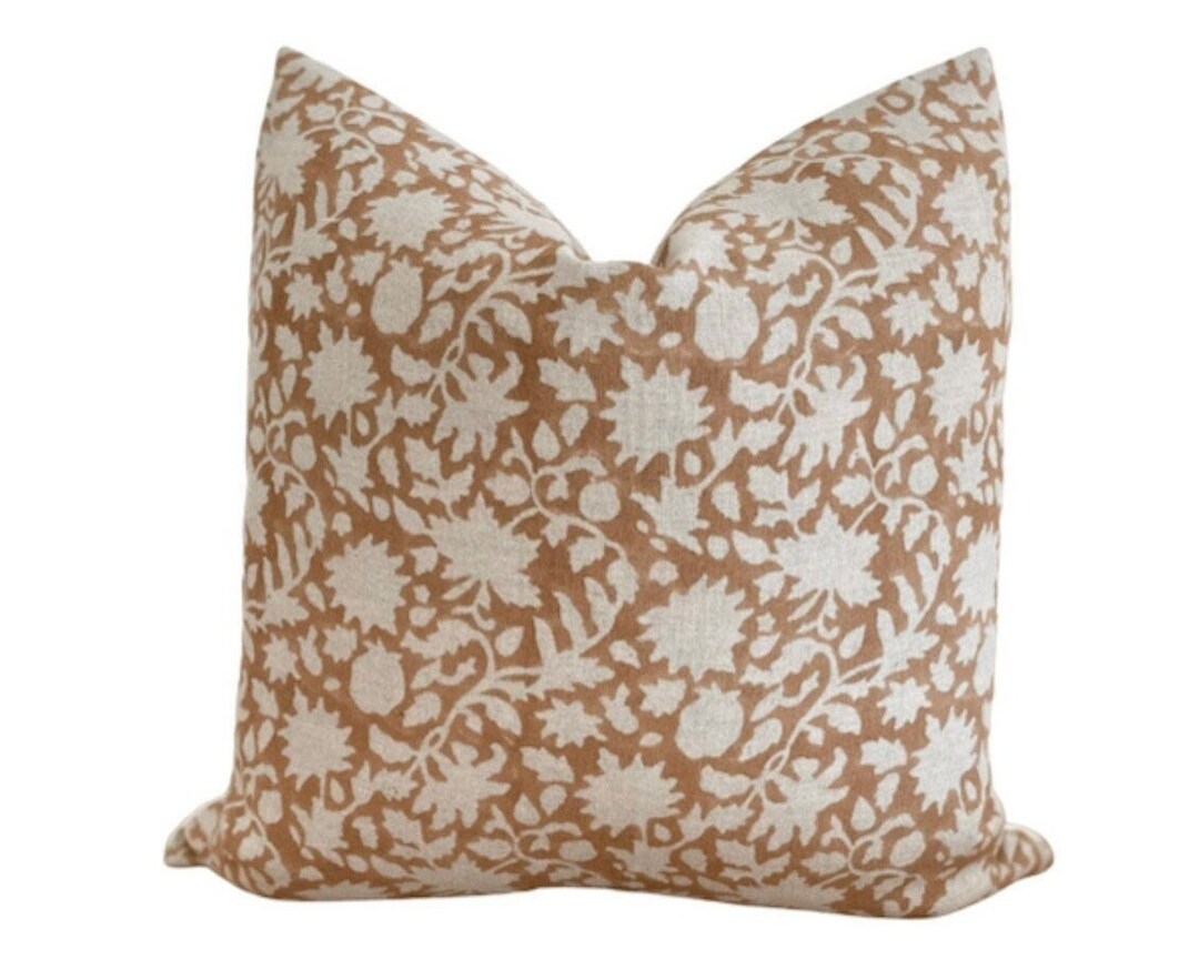 Halston Floral Pillow Cover Tan Mustard Handblocked Linen - Etsy