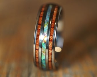 Koa Wood and Abalone Shell Inlay Wedding and Engagement Ring - Etsy