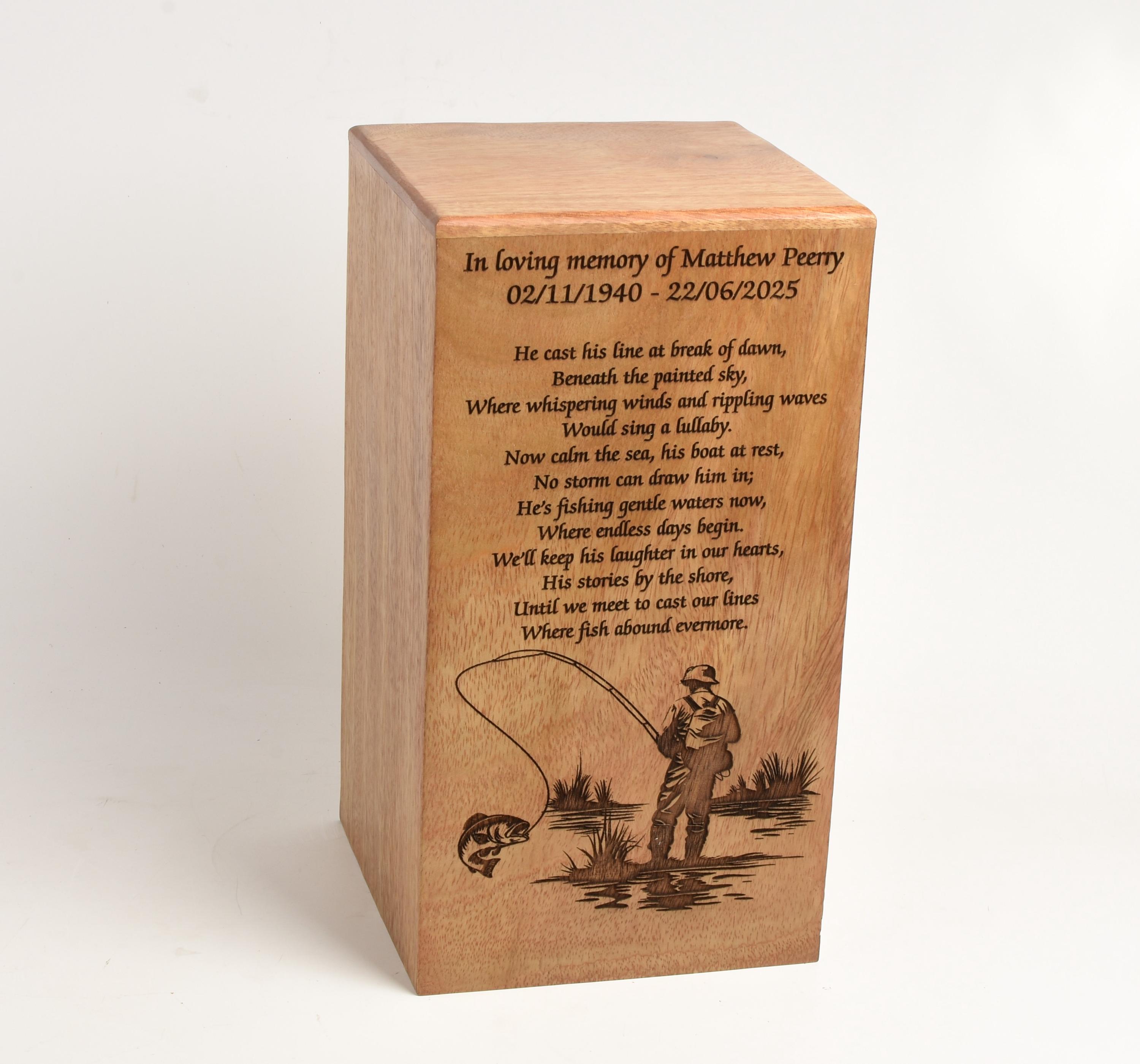 Wood Casket Large Cremation Ashes Urn Solid Wood Fisherman Fishing Fish ...