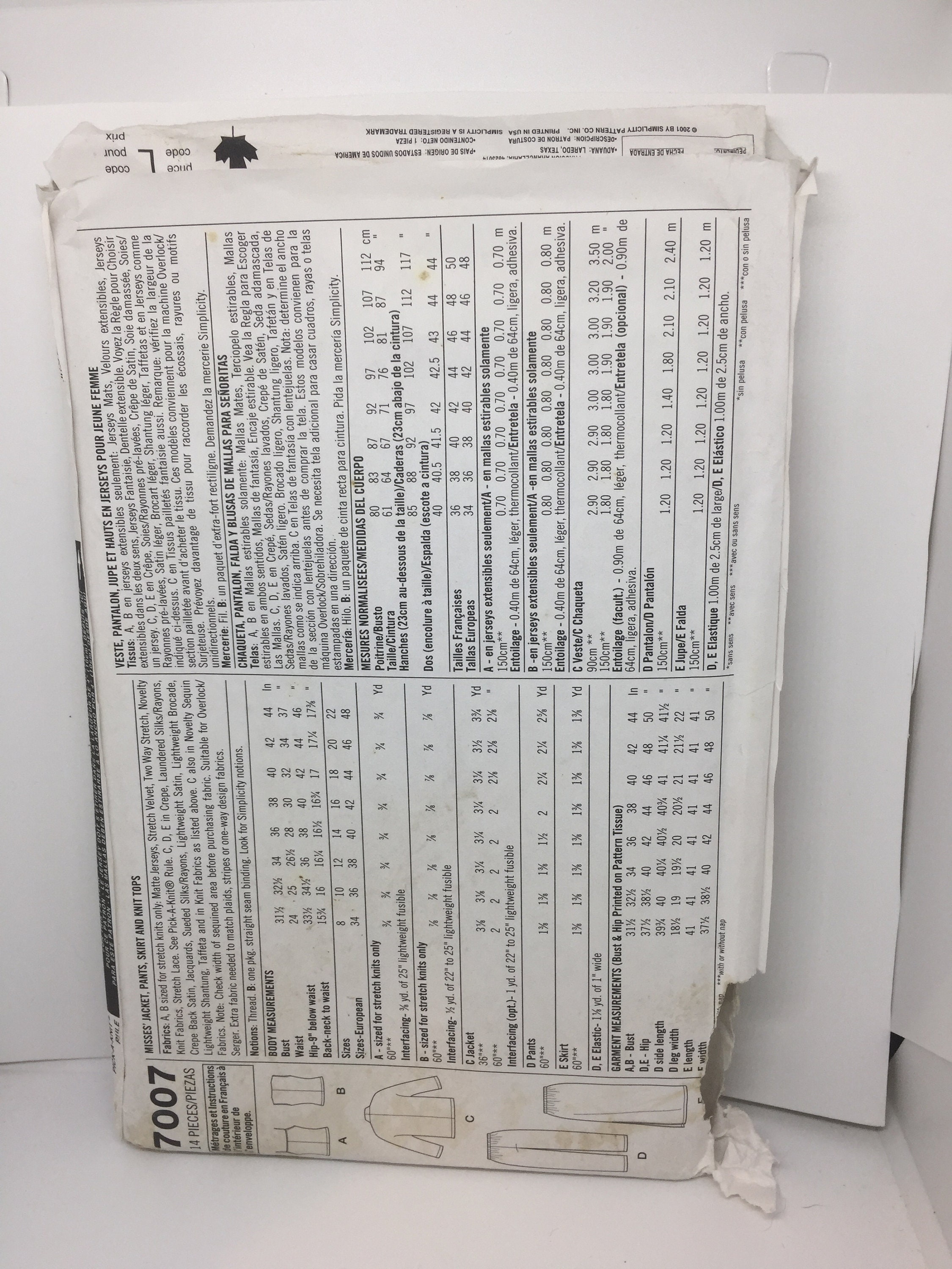 7007 Simplicity 2001 Sewing Pattern Misses Jacket, Pants, Skirt and ...