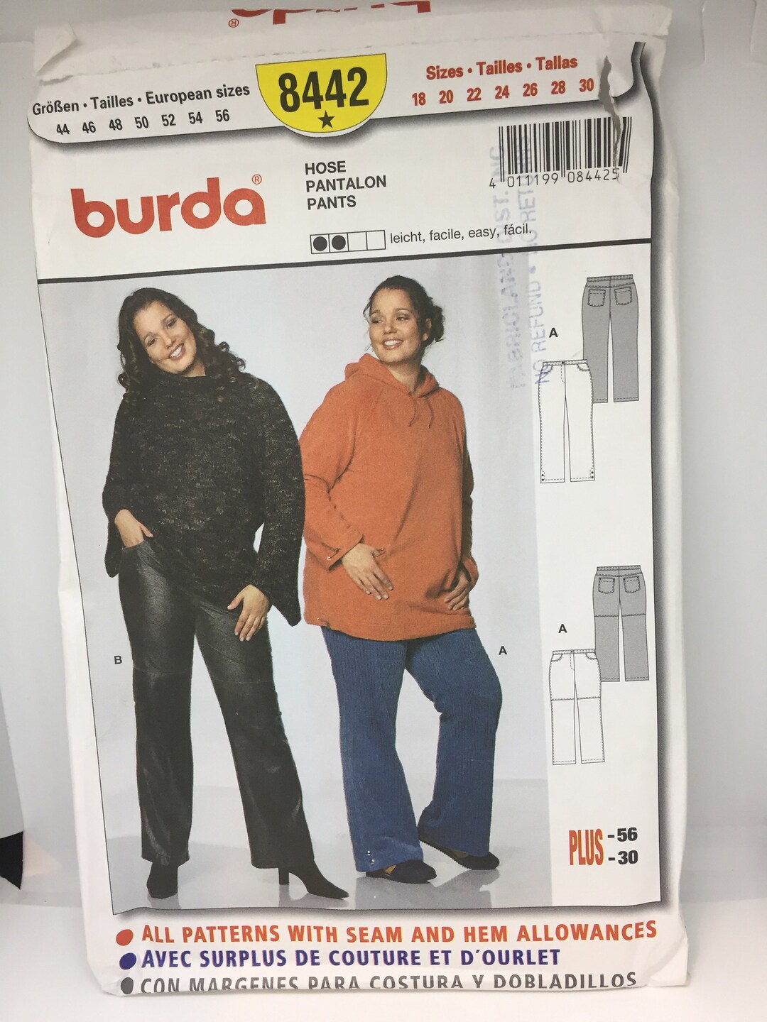 8442 Burda Vintage Sewing Pattern Pants Sizes 18 - 30 Uncut With ...