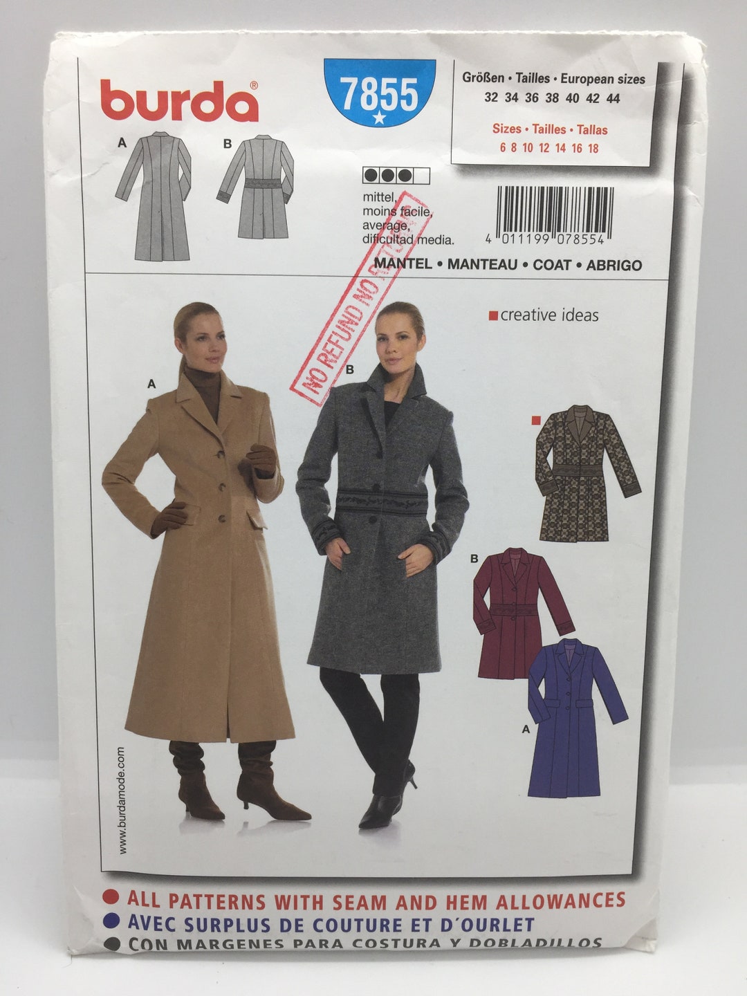 7855 Burda Sewing Pattern Womans Coats Sizes 6-8-10-12-14-16-18 Uncut ...