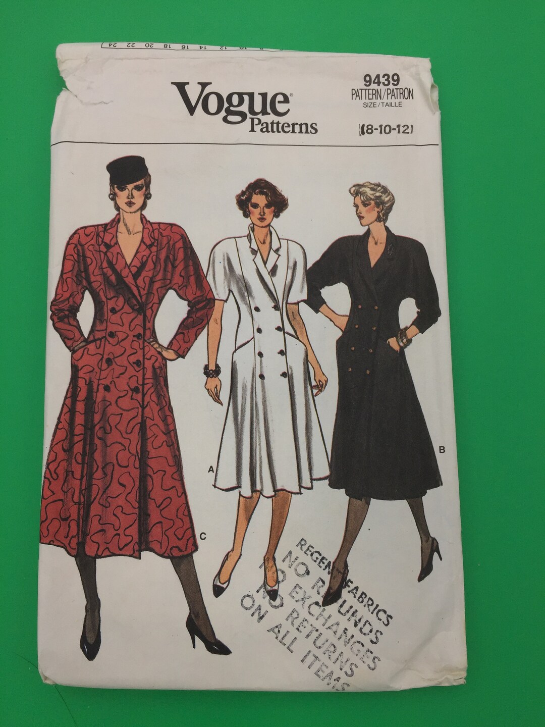 9439 Vintage 1985 Vogue Sewing Pattern Misses Dress Sizes 8-10-12 Cut ...
