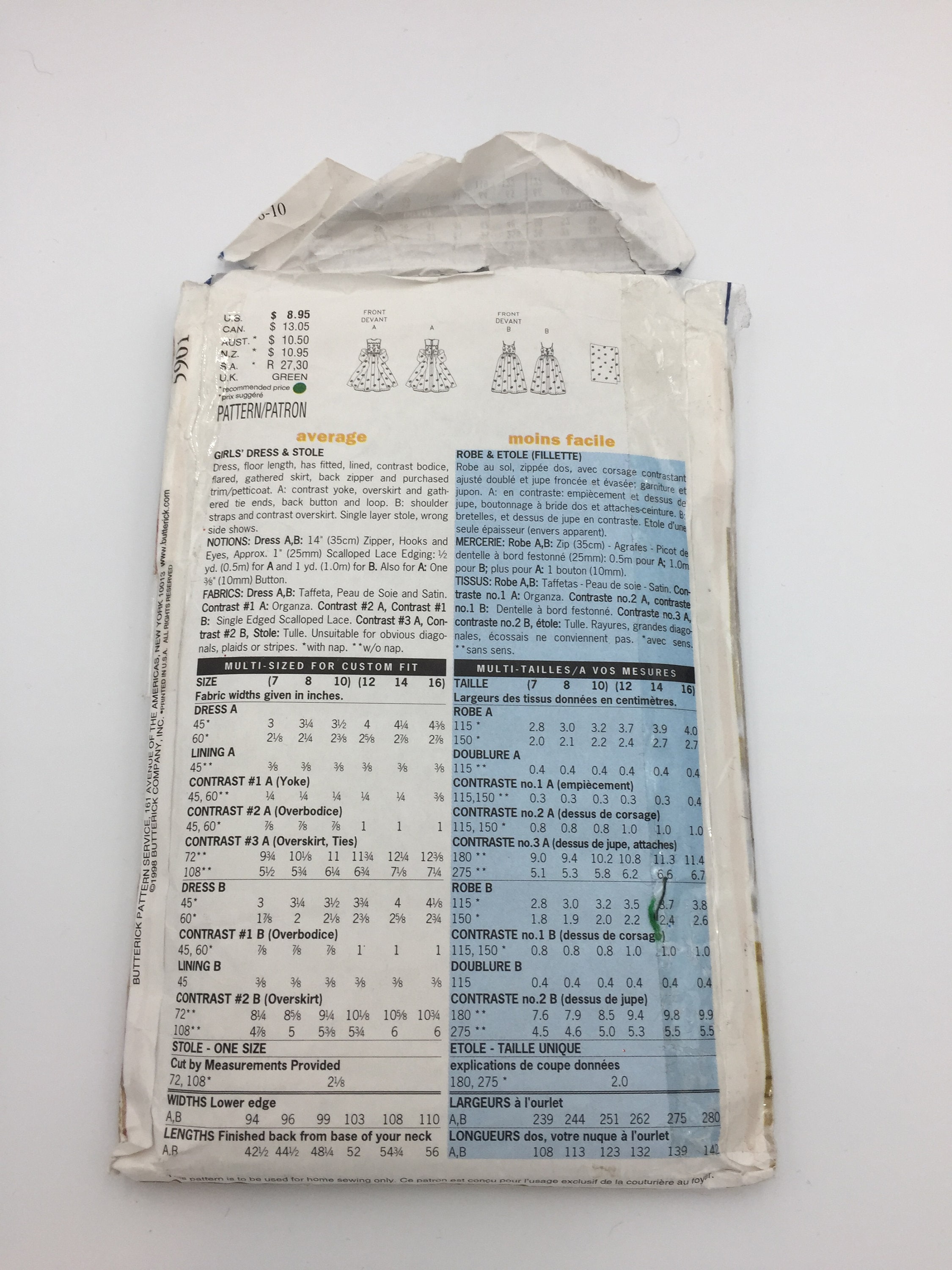 5901 Vintage 1998 Butterick Sewing Pattern Girls Dress and Stole (see ...