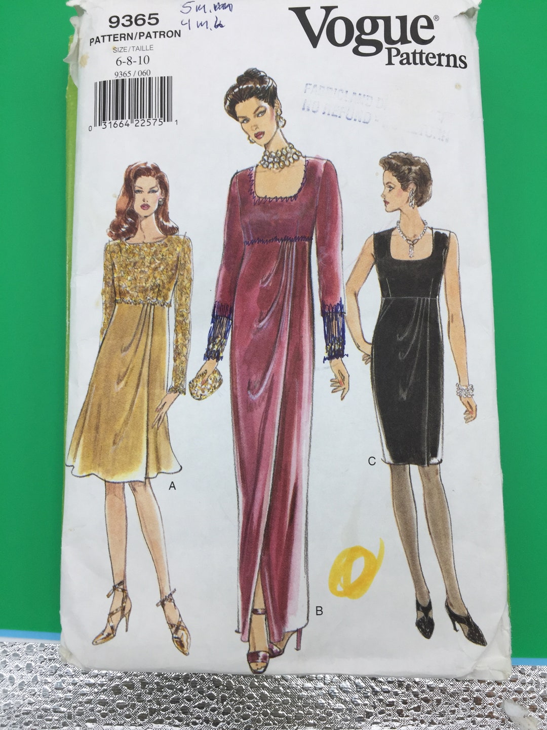 9365 Vintage 1995 Vogue Sewing Pattern Misses Dress Sizes 6-8-10 Cut ...
