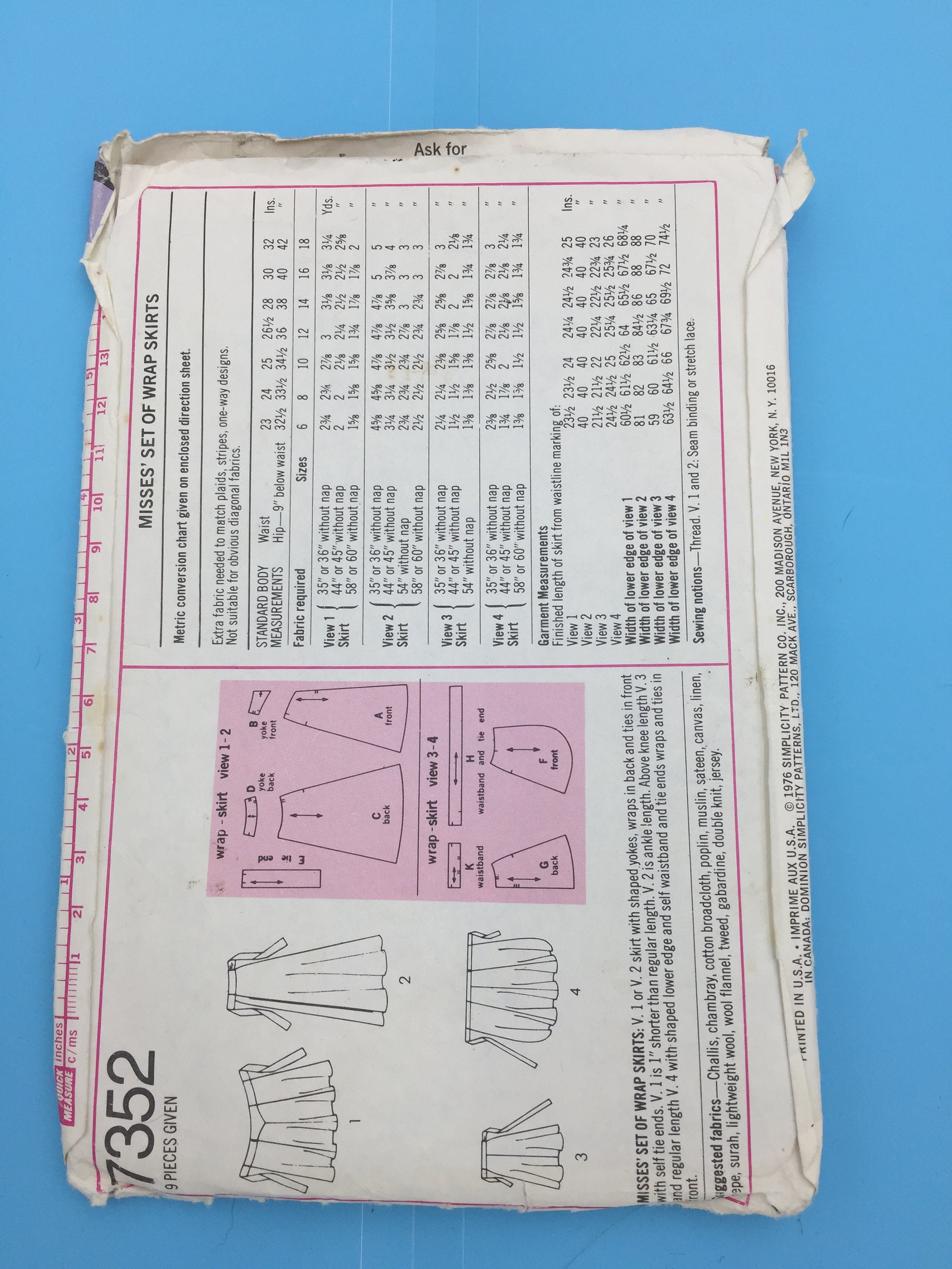 7352 Vintage 1976 Simplicity Sewing Pattern Misses Set of Wrap Skirts ...