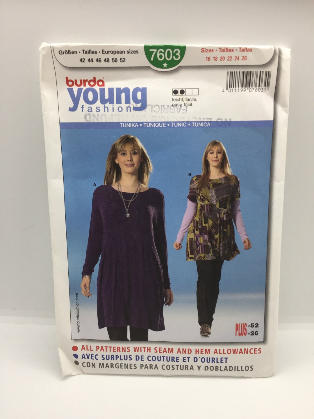 7603 Burda Young Fashion Sewing Pattern Tunic Sizes 16-18-20-22-24-26 ...