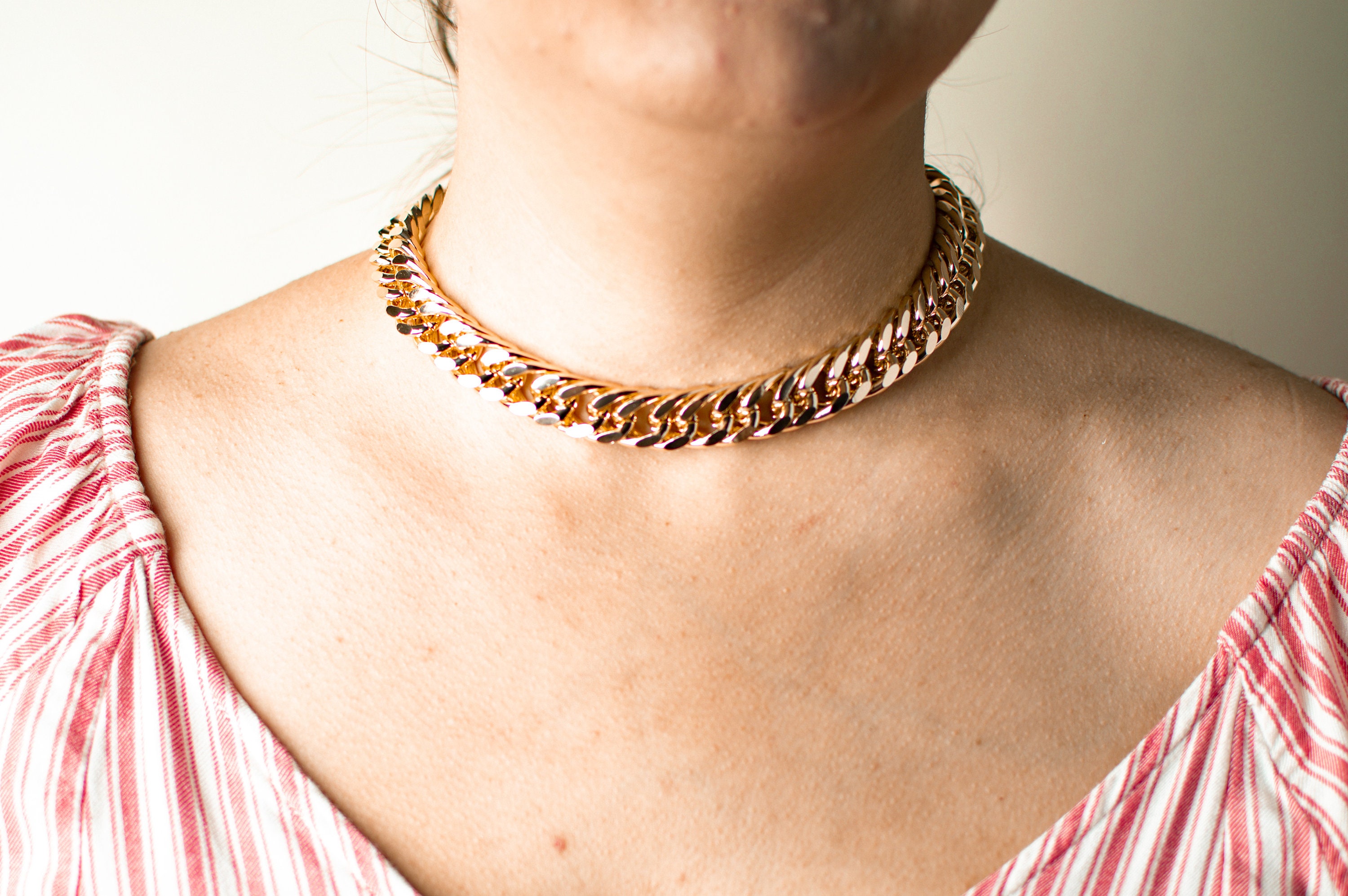 Gold Tone Cuban Link Chain Choker Necklace Bracelet Set | Etsy