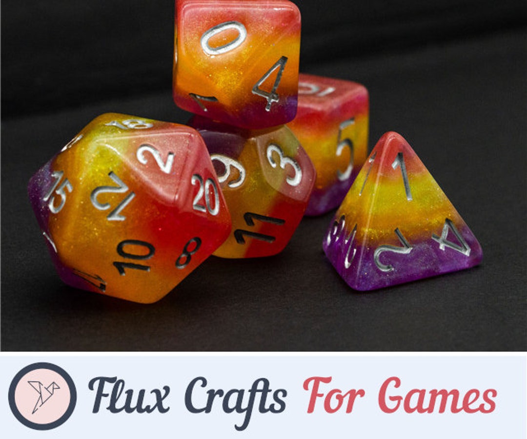 7pcs RPG Full Dice Set Glitter Purple, Yellow & Orange Resin Sunset ...