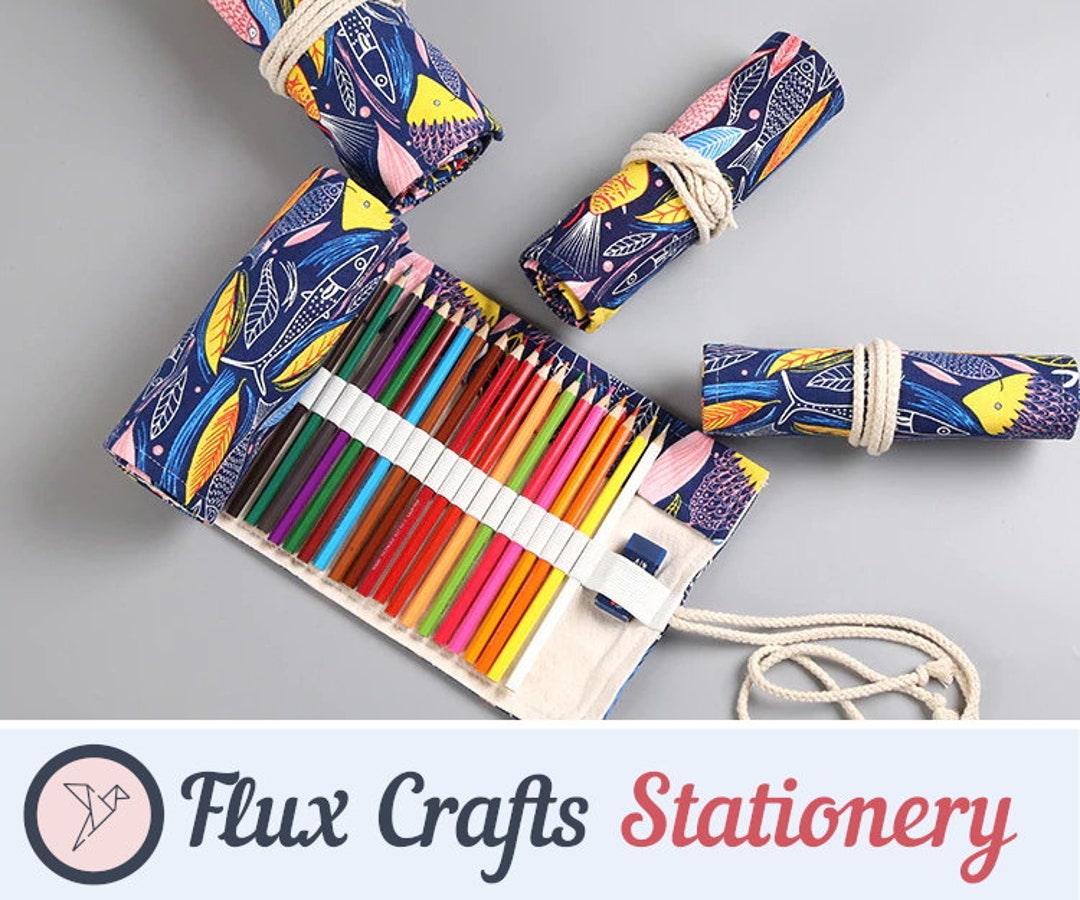 12/24/36/48/72 Holes Roll Canvas Pencil Case Wrap Fish Blue Roll up ...