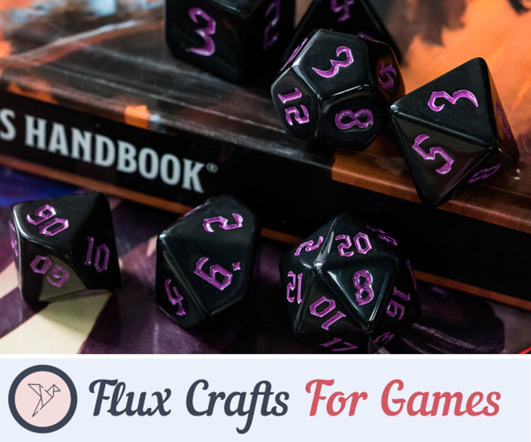 7pcs RPG Full Dice Set Magenta on Solid Black Acrylic Goth, Role ...
