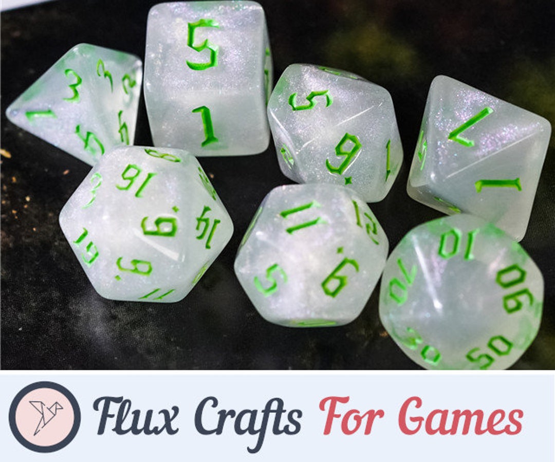 7pcs RPG Full Dice Set Glitter in White Acrylic With Green Font Galaxy ...