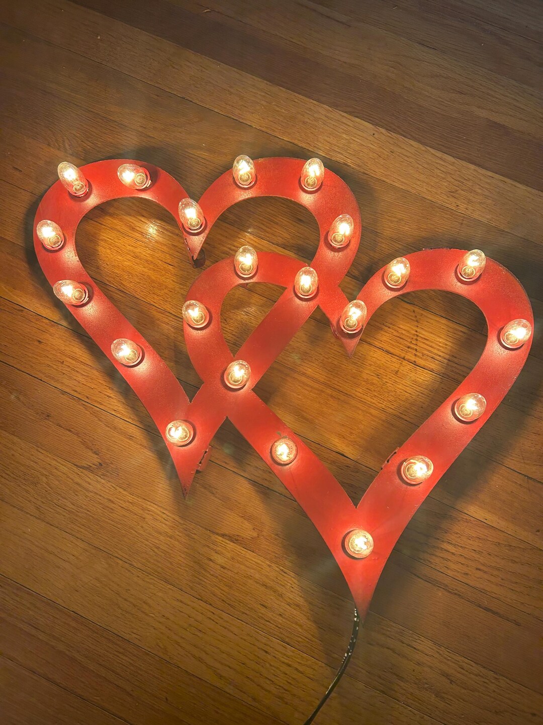 Vintage Lighted Double Heart Wall Decor – Metal Marquee Heart Sign ...