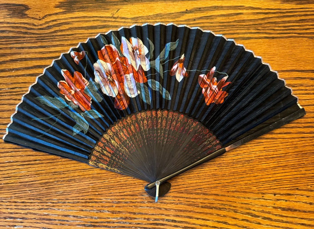 Vintage Wood and Fabric Hand Fan 8 Hand Painted Flower Scene - Etsy