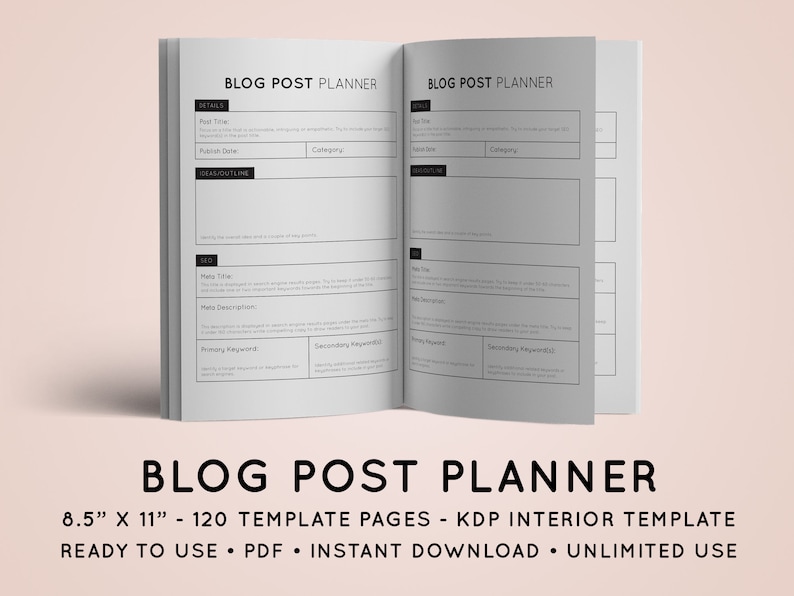 Blog Post Planner Book Amazon KDP Interior Template | Etsy