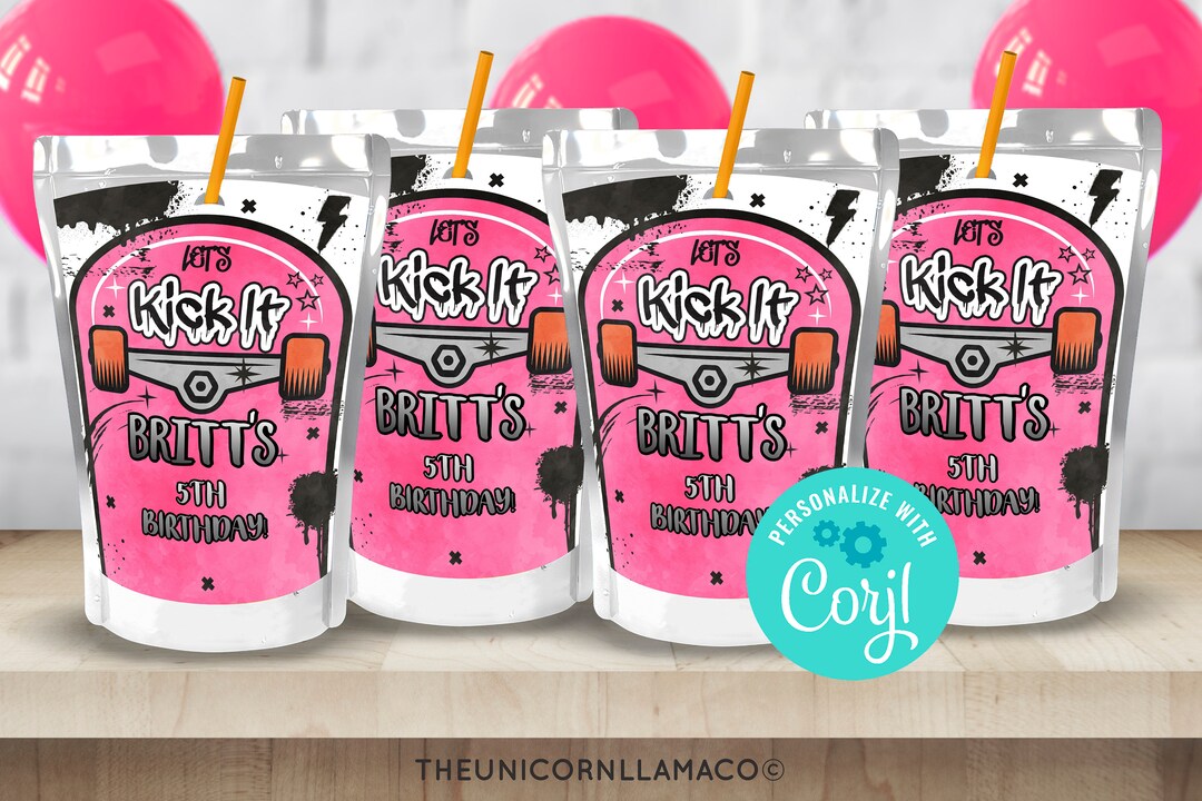 EDITABLE Pink Skateboard Capri Sun, Personalized, Bike Skate Come Kick ...