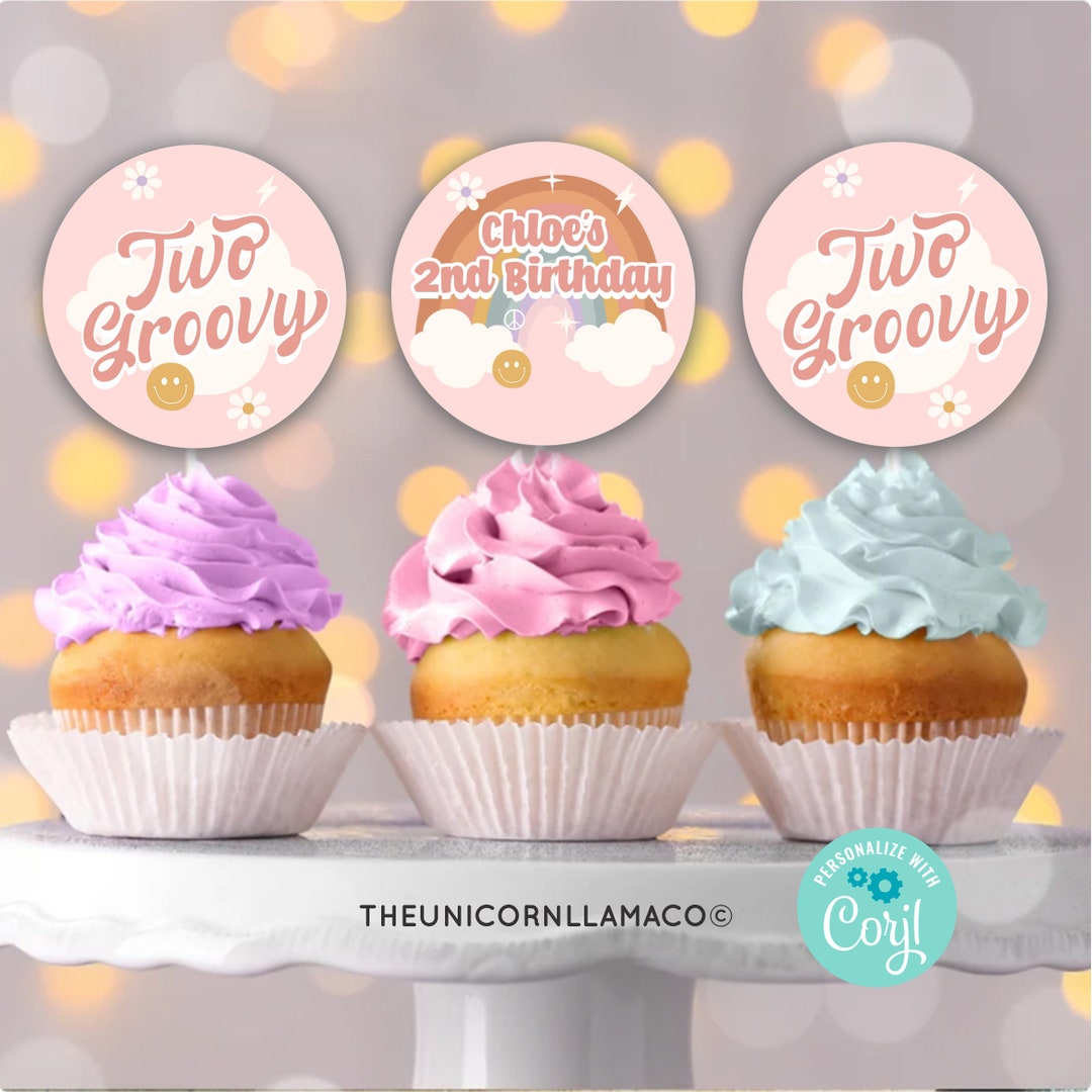 EDITABLE Two Groovy Rainbow Cupcake Toppers Personalized 2nd Birthday ...