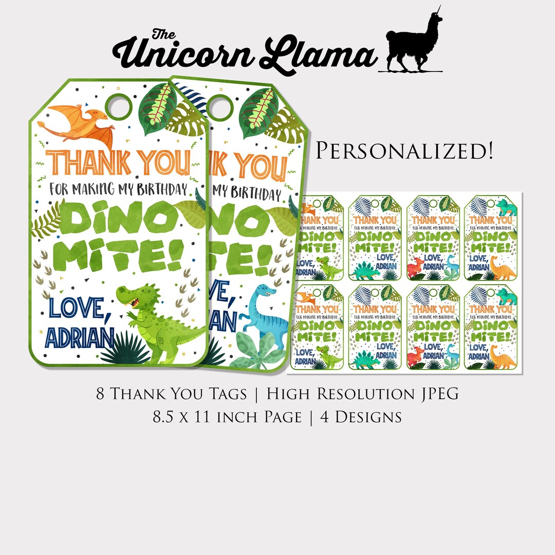 Dinosaur Thank You Tags Dino Mite Party Stomp Chomp Roar - Etsy